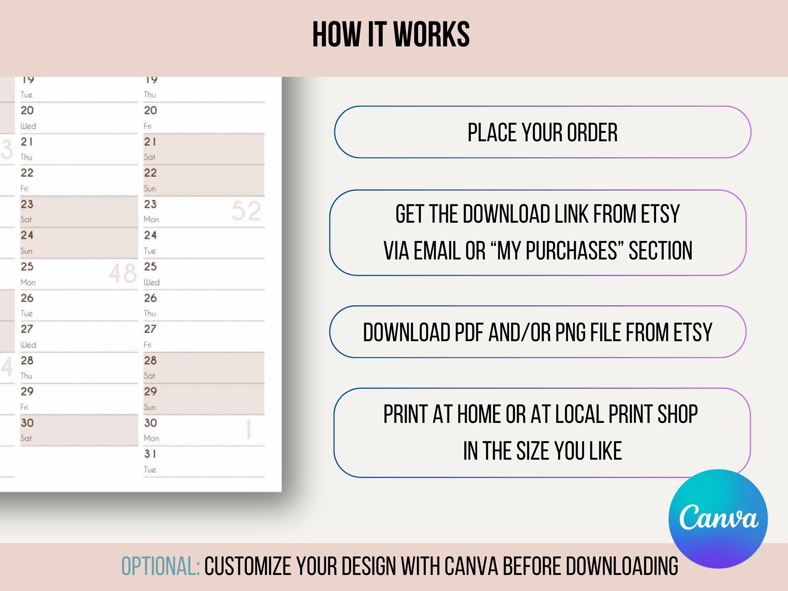 Printable 2024 Yearly Wall Calendar A1 to A4 Sizes Full Year Monthly ...