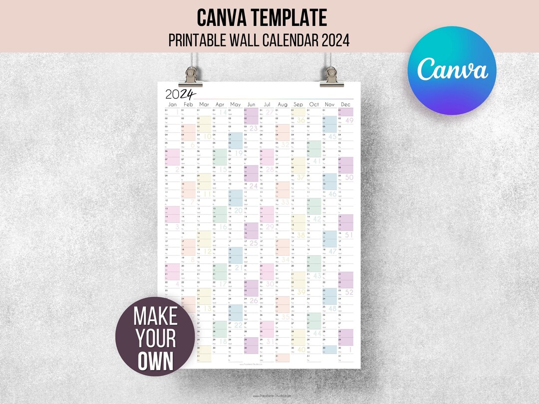 Canva Template for 2024 Customizable Wall Calendar Full Year Calendar ...