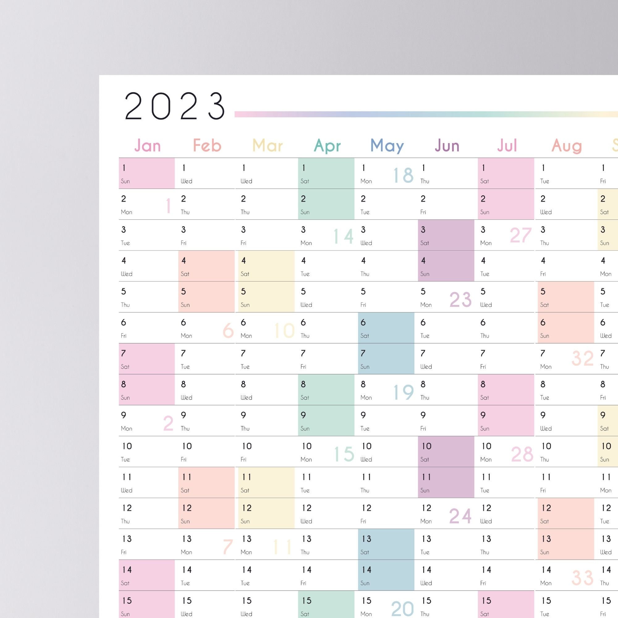 2023 YEARLY WALL CALENDAR Printable Pastel Rainbow Colors - Etsy