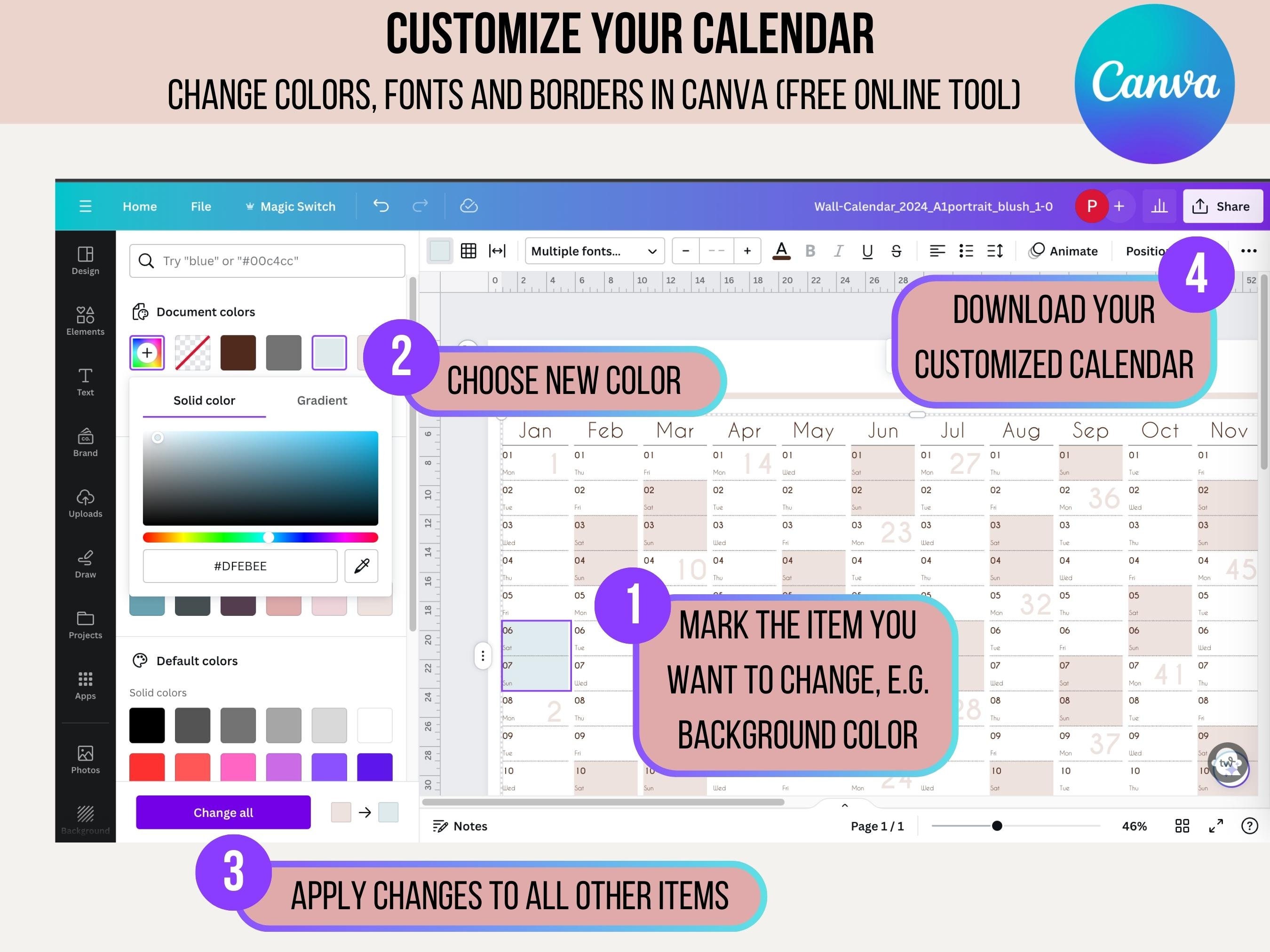 Printable 2024 Yearly Wall Calendar A1 to A4 Sizes Full Year Monthly ...