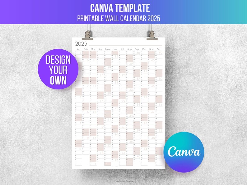 Canva Template for 2025 Editable WALL CALENDAR Full Year Calendar ...