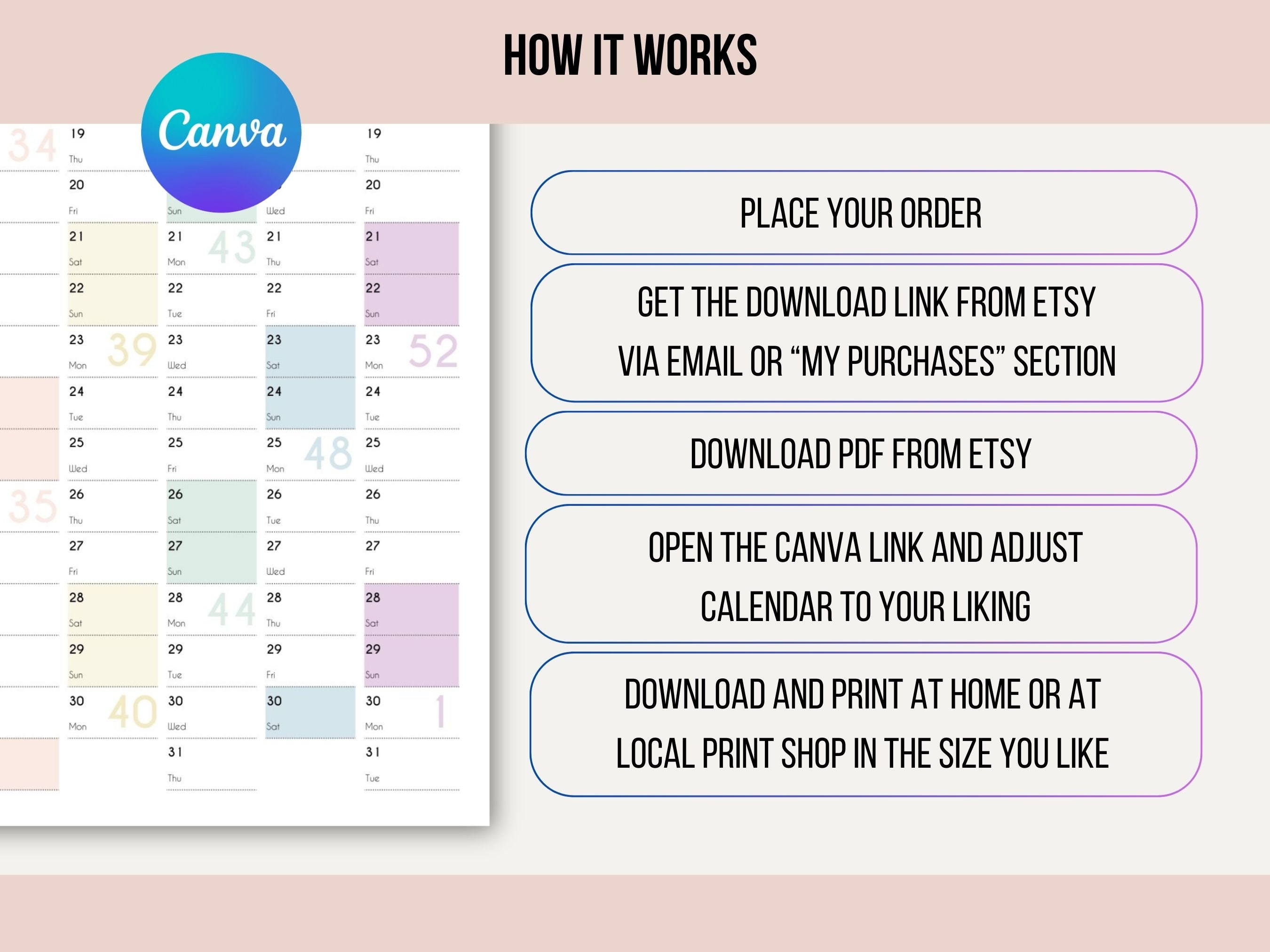 Canva Template for 2024 Customizable Wall Calendar Full Year Calendar ...