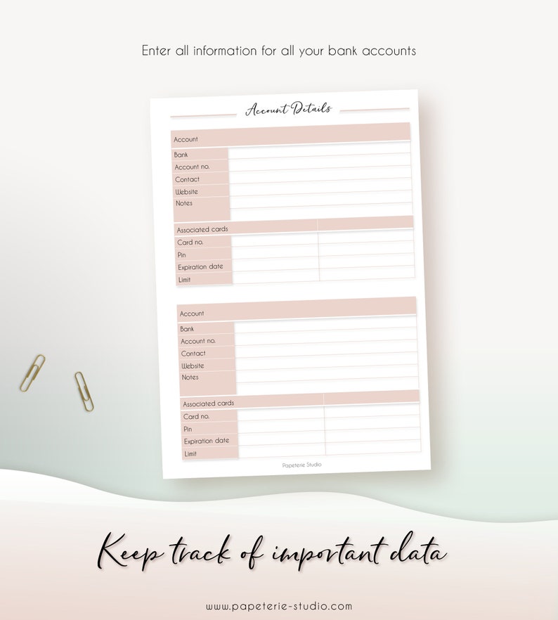 Printable BANK ACCOUNT Information Tracker | Finance Planner Printable ...