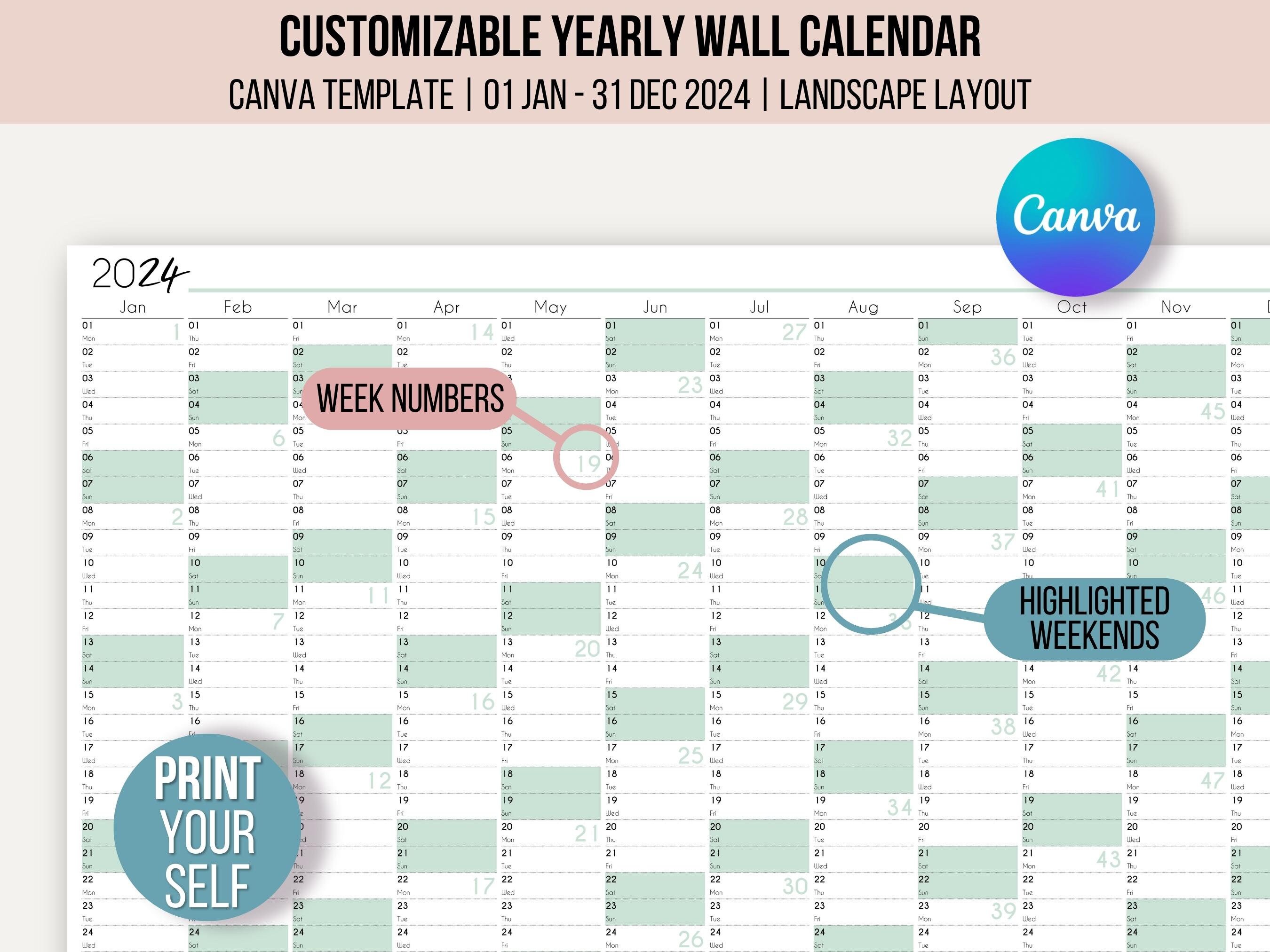 Canva Template for 2024 Customizable Wall Calendar Full Year Calendar ...