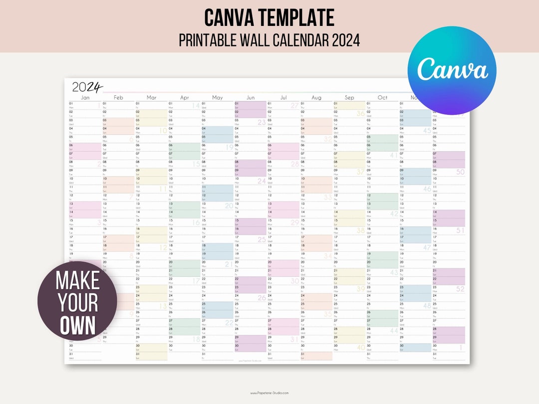 Canva Template for 2024 Customizable Wall Calendar Full Year - Etsy ...