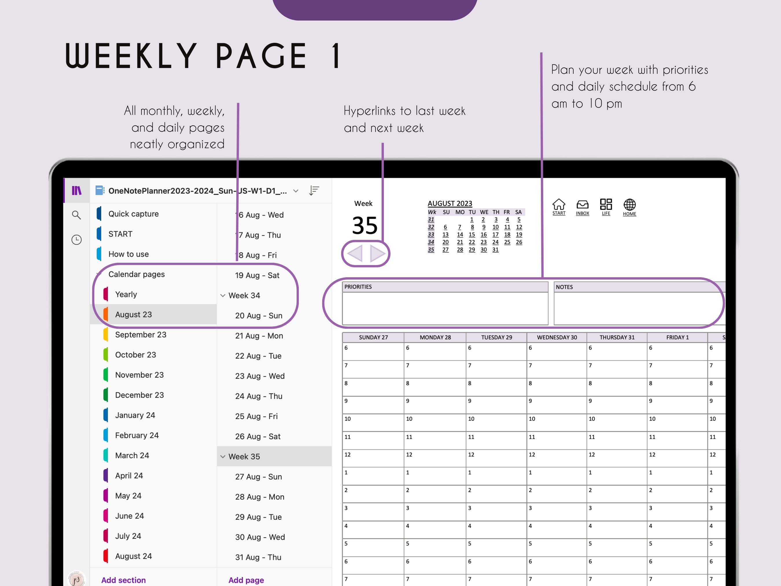 Onenote Digital Planner 2024 Daily Planner Hyperlinked and Dated Sunday ...