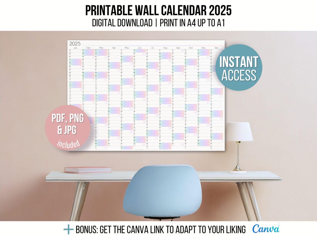 2025 Wall Calendar Printable Big Yearly Planner, Giant Wall Calendar ...