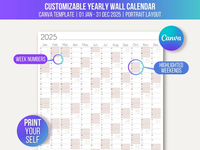 Canva Template for 2025 Editable WALL CALENDAR Full Year Calendar ...