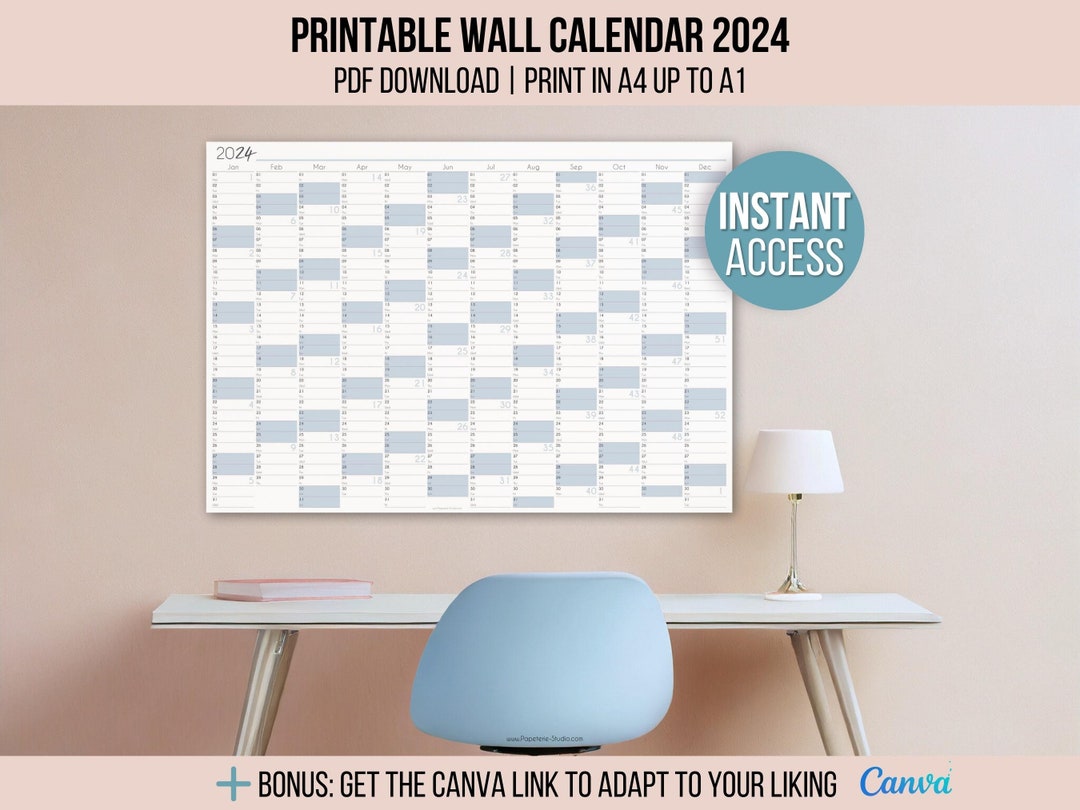 Printable 2024 Yearly Wall Calendar A1 to A4 Sizes Full Year Monthly ...