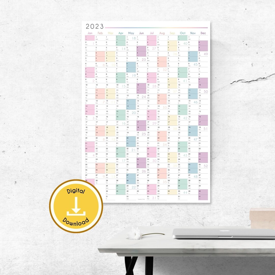 2023 YEARLY WALL CALENDAR Printable Pastel Rainbow Colors - Etsy