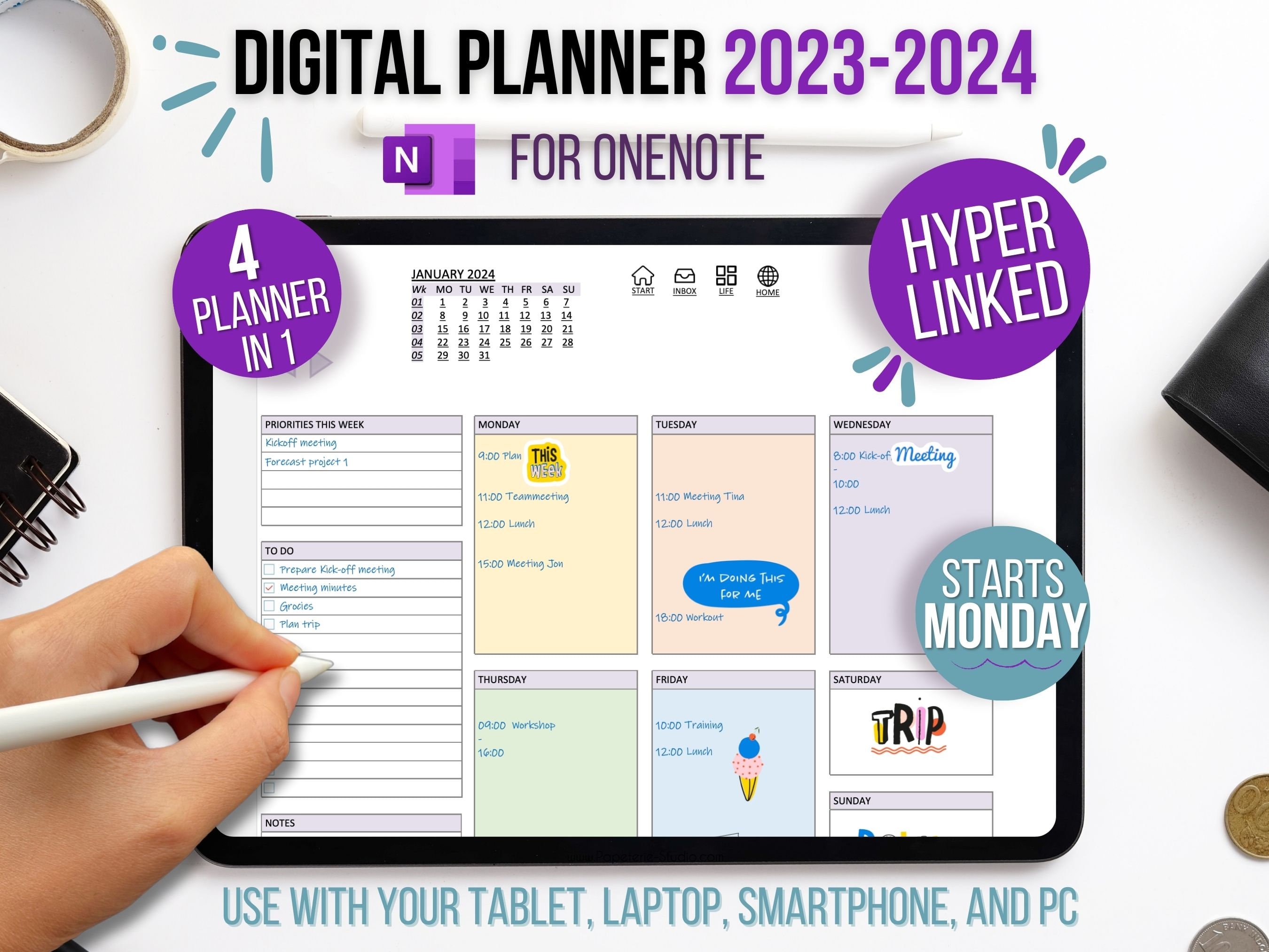 Hyperlinked Onenote Planner 2024 Monday Start Dated Digital Planner for ...