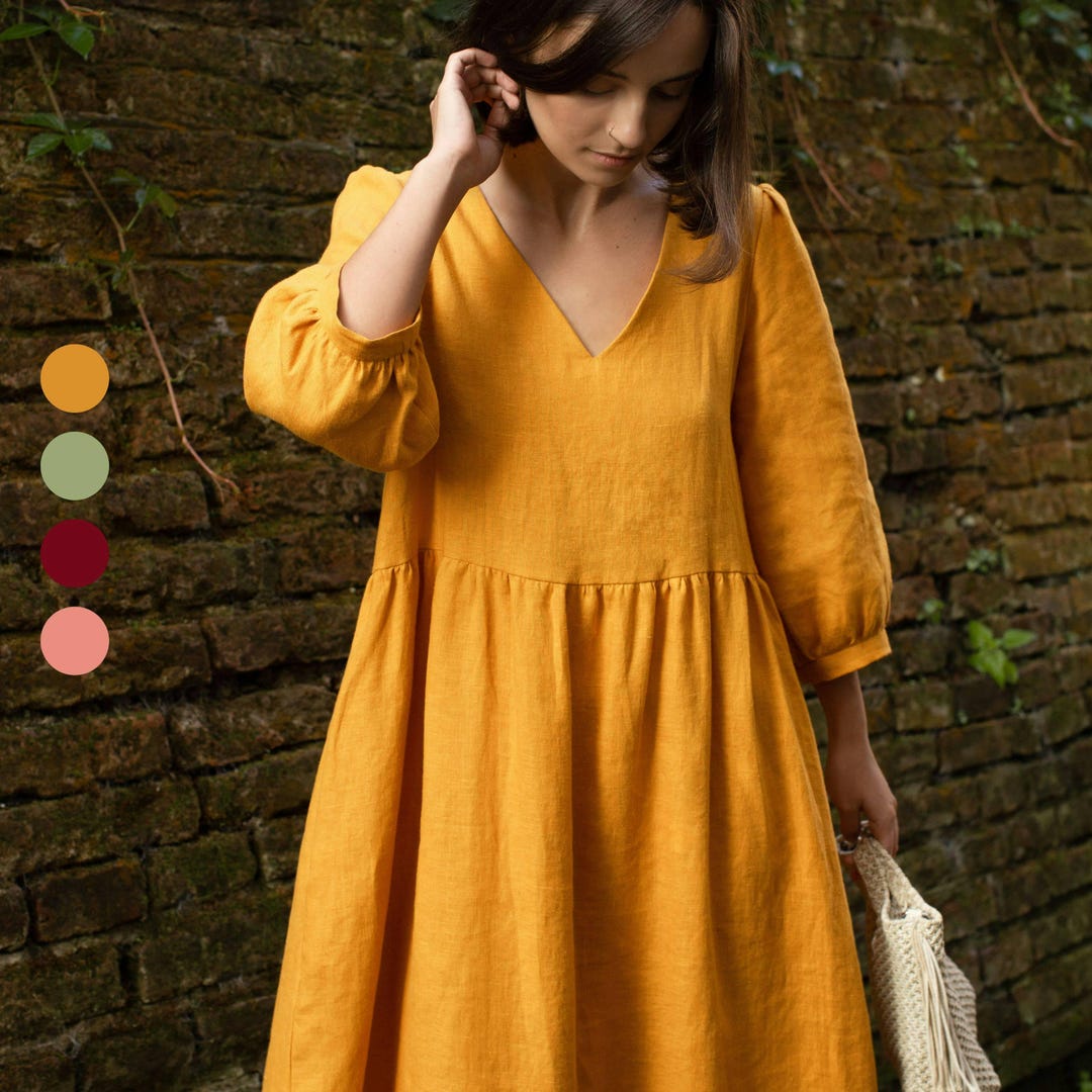 Midi Linen Dress - Mustard Fall Women Dresses ZOIE - Side Pockets, V ...