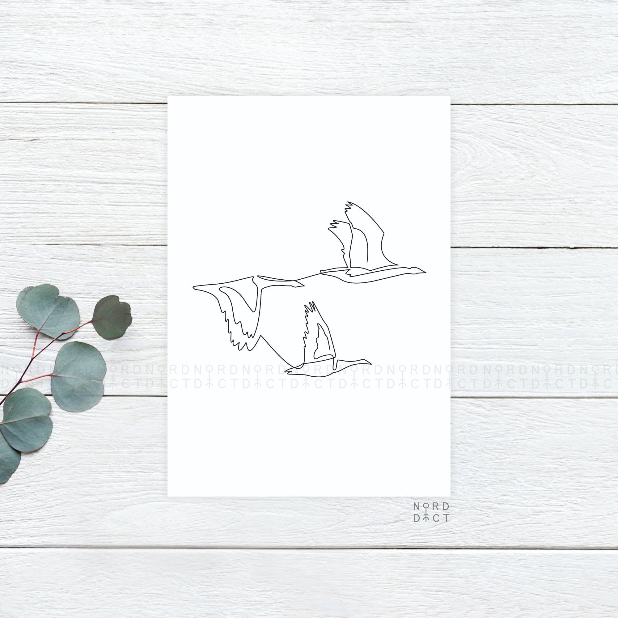 One Line Flying Birds Drawing, Minimalist Continuous Line Geese Print ...