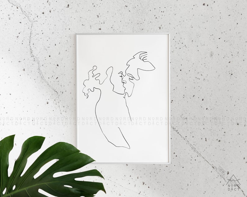 One Line Couple Kiss Printable, Minimal Romantic Line Art, Passionate ...