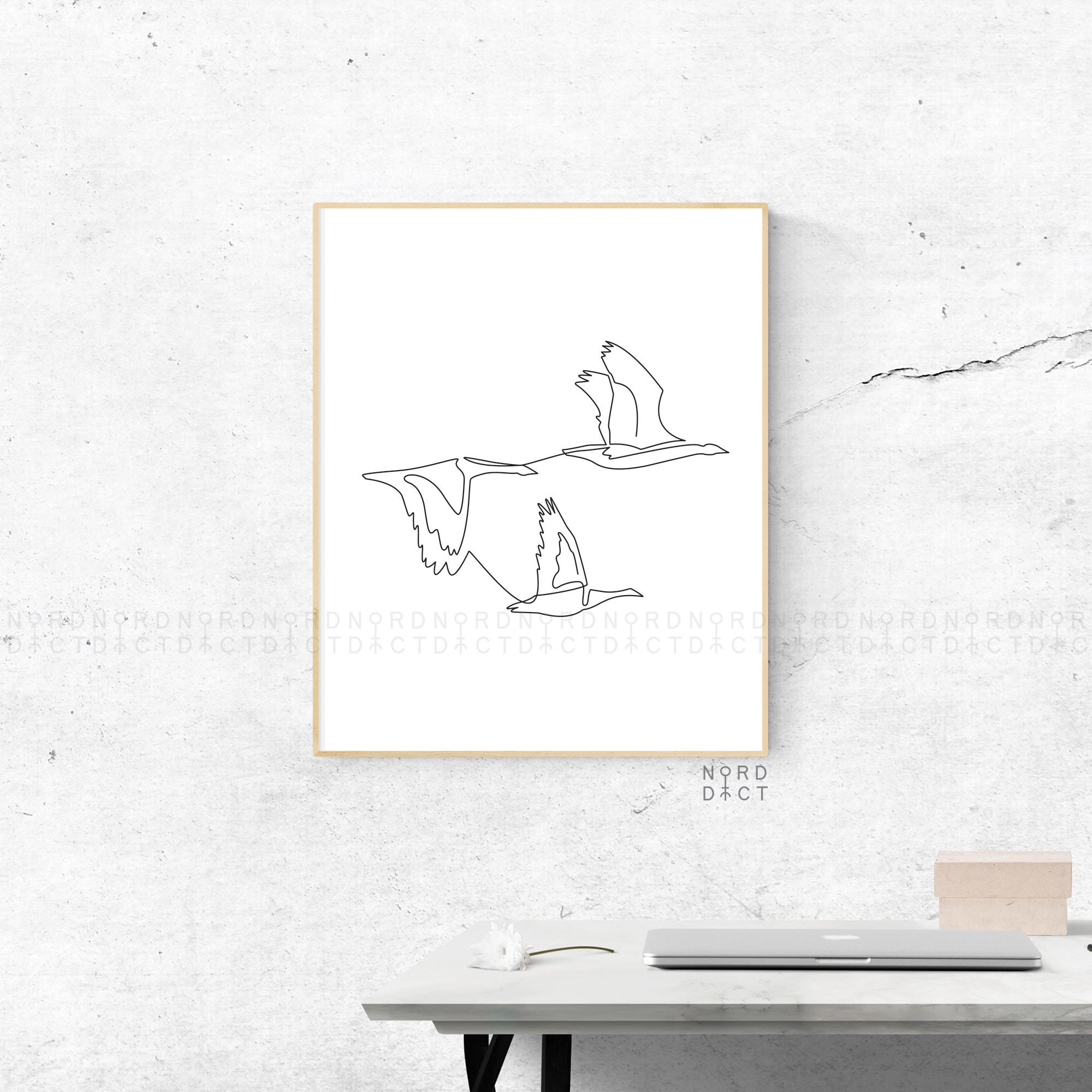 One Line Flying Birds Drawing, Minimalist Continuous Line Geese Print ...