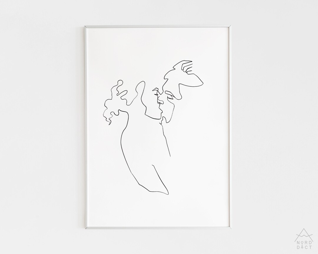 One Line Couple Kiss Printable, Minimal Romantic Line Art, Passionate ...