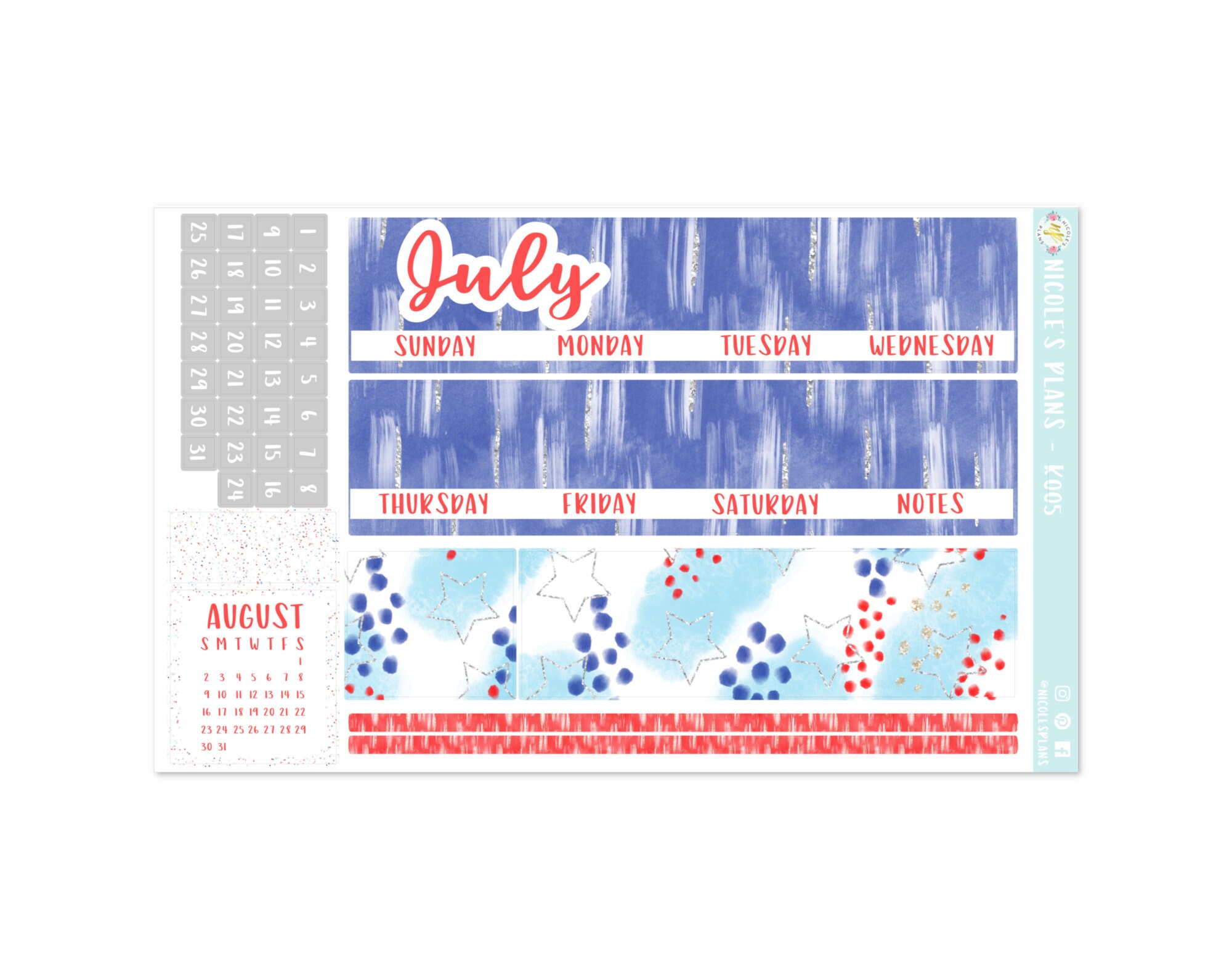July Monthly Planner Kit K005 Independence Day/Fourth of | Etsy
