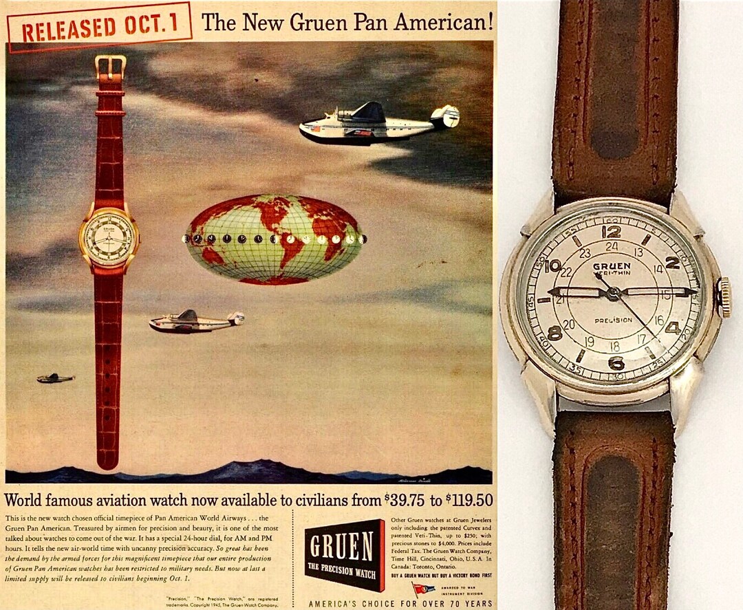 Vintage 1940s WWII Gruen Veri-thin Precision Pan American Navigator ...