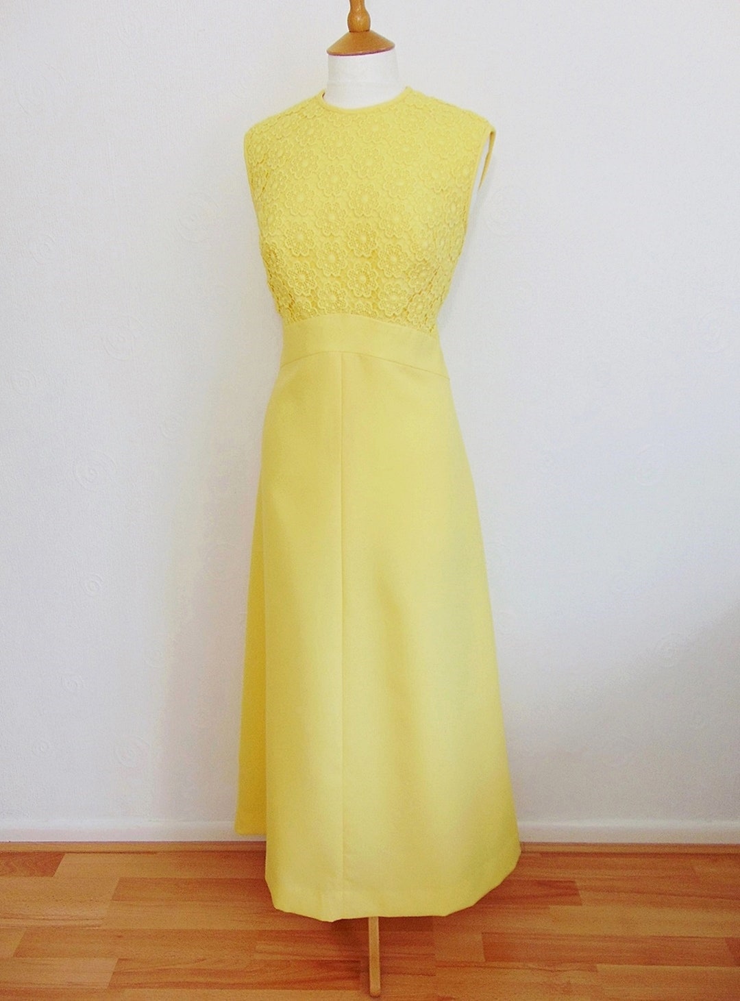 Vintage 60s Bright Yellow Mod Go Go Long A Line Maxi Dress UK Size 12/ ...