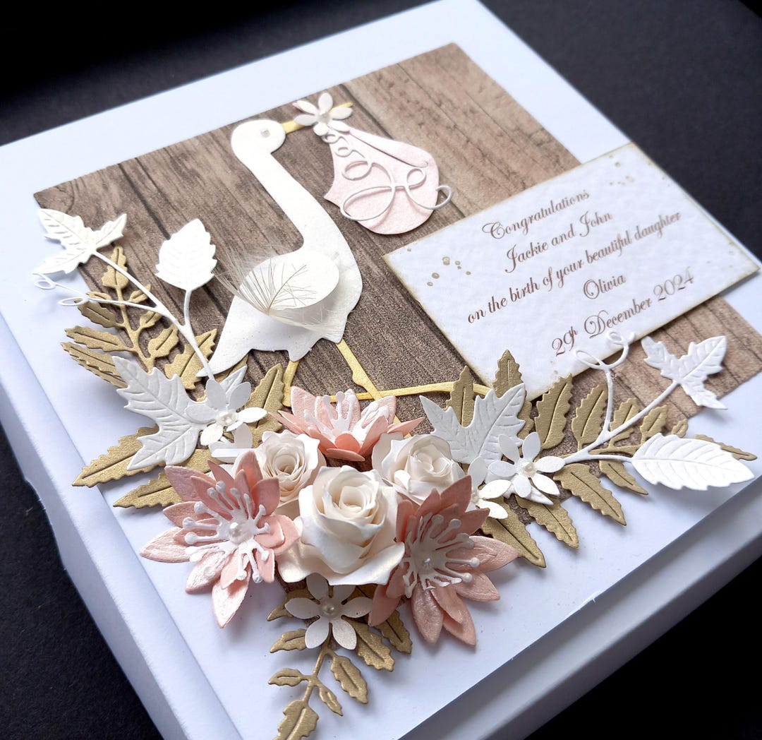 Handmade New / Birth of Baby Girl Card Rustic Style 3D Personalised ...