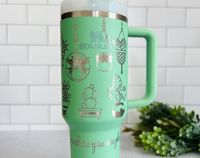 Jade Stanley Tumbler With Handle, Plant Engraved 40oz Quencher, Large ...