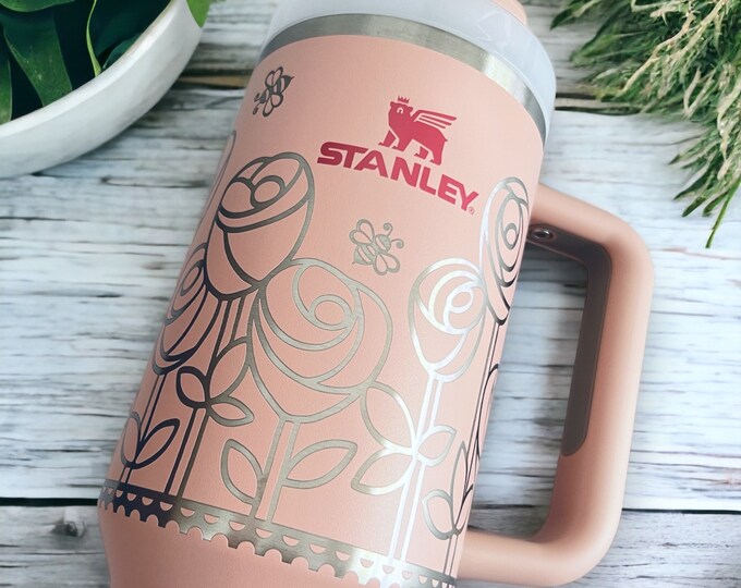Pink Dusk Stanley Cup With Straw, 40 Oz Floral Engraved Rose Tumbler ...