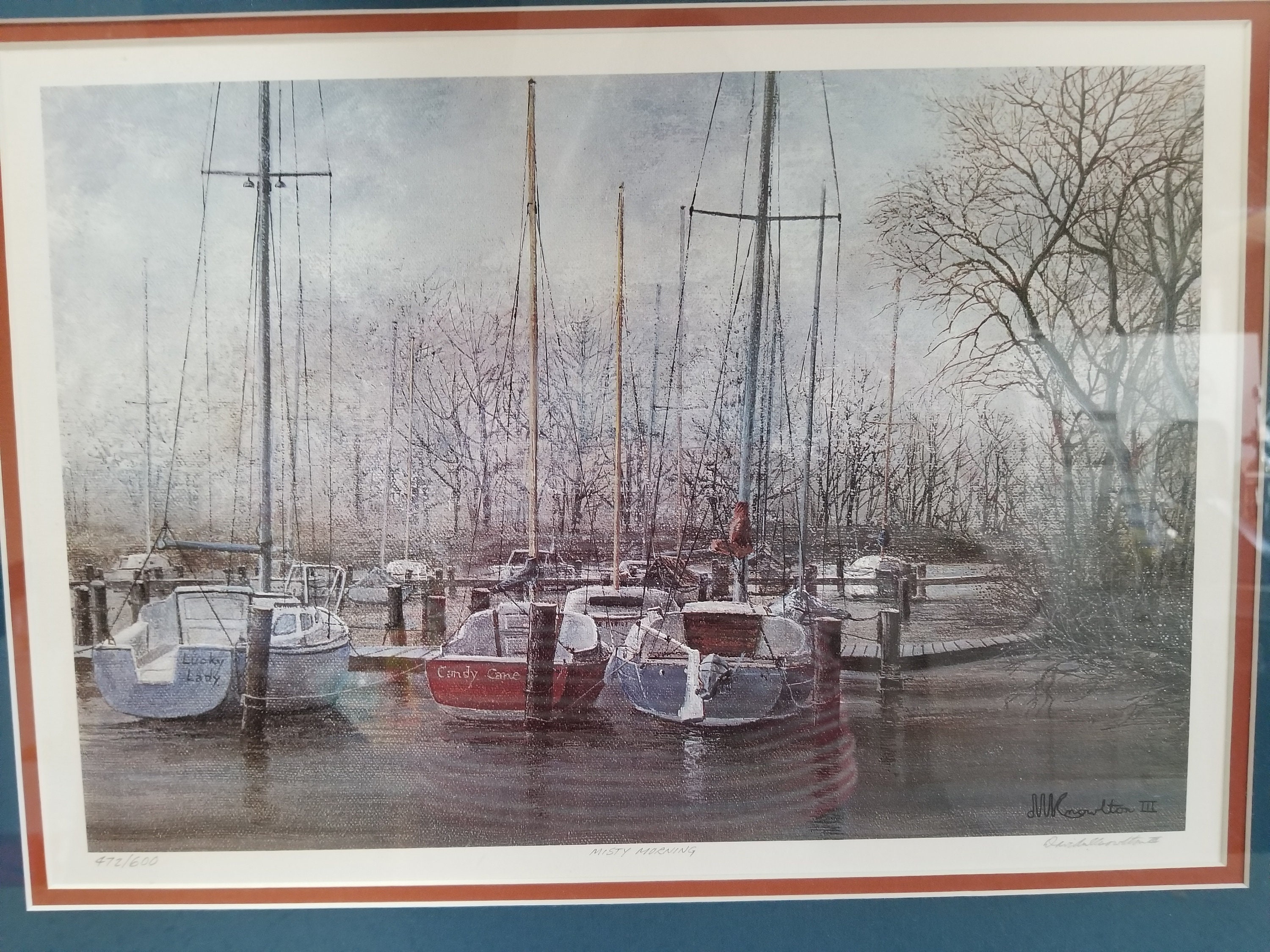 Sailboats Print in Peer, Marina, David Knowlton III misty Morning ...