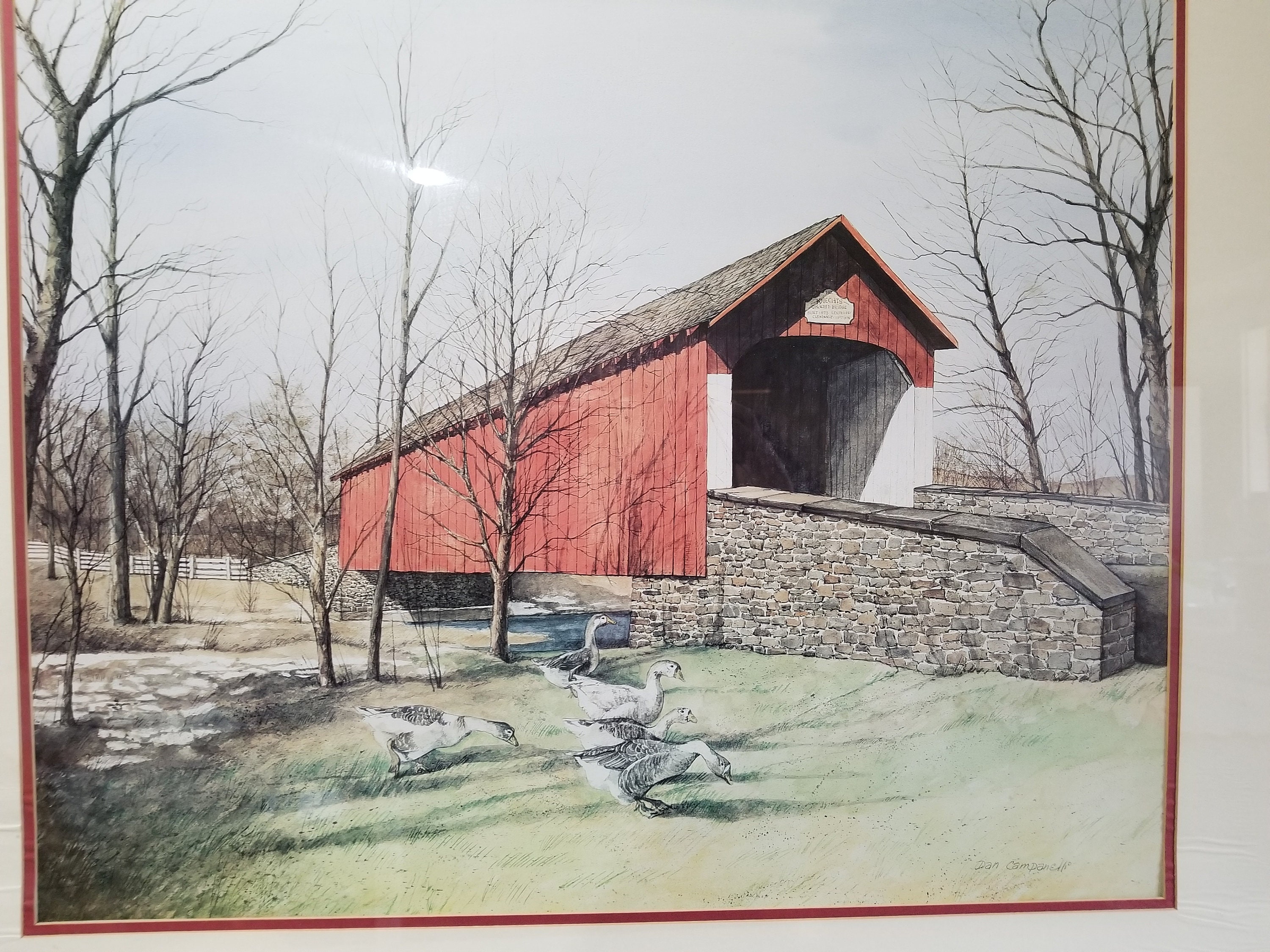 Red covered bridge Vintage Winter Landscape Print Knechts - Etsy.de