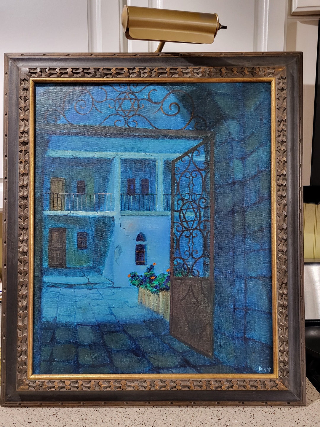 Blue Courtyard Oil Painting, Signed Kuh, Wrought Gold Gates, Night ...