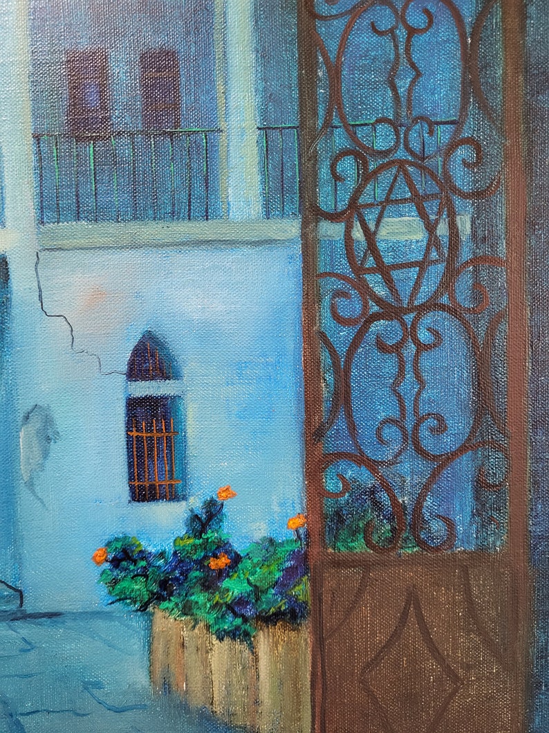 Blue Courtyard Oil Painting, Signed Kuh, Wrought Gold Gates, Night ...