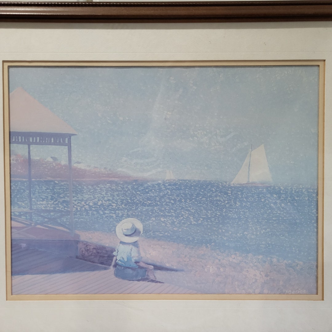 Seascape Scene Boy on Dock, Sailboat Lithograph, Signed Marion, Framed ...