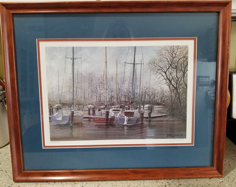 Sailboats Print in Peer, Marina, David Knowlton III misty Morning ...