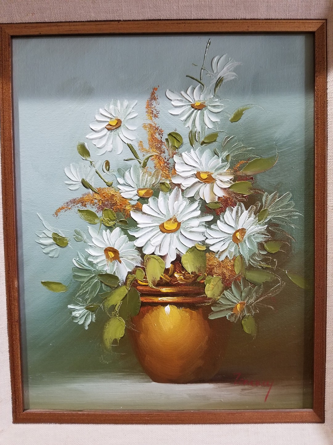 White Daisies Oil Painting, Daisy, White Flowers in Brass Vase Oil ...