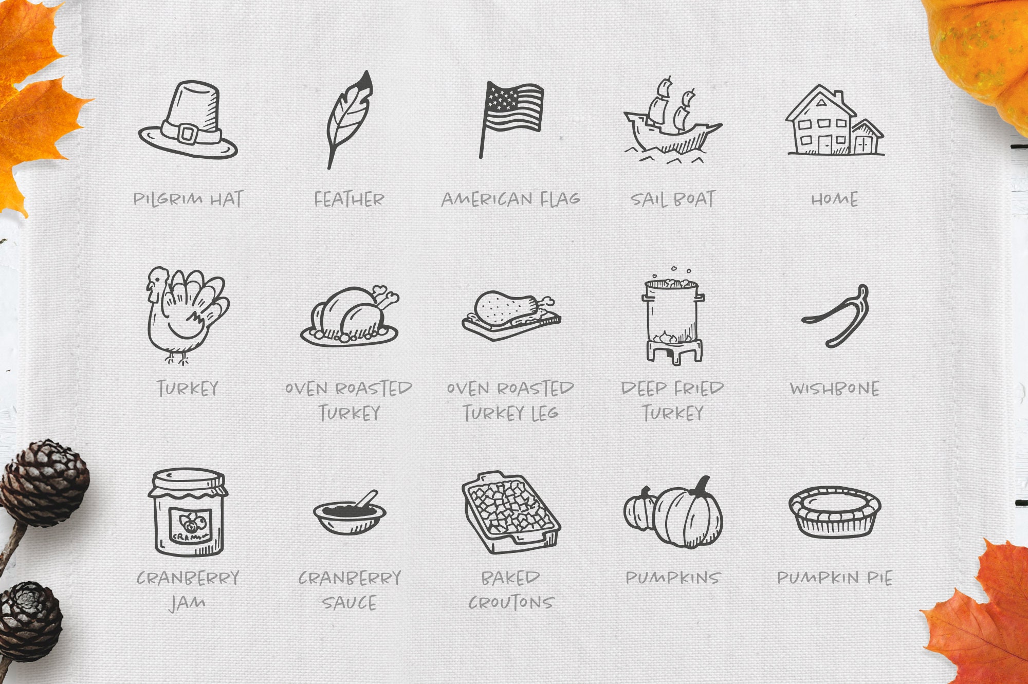 Thanksgiving Icons - Doodle Clipart. 50 Adorable Hand Drawn ...