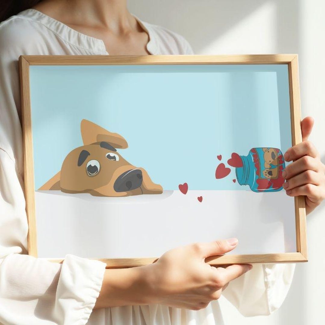 Dog Begging for Love Print, Cute Dog Wall Art, Puppy With Heart Treats ...