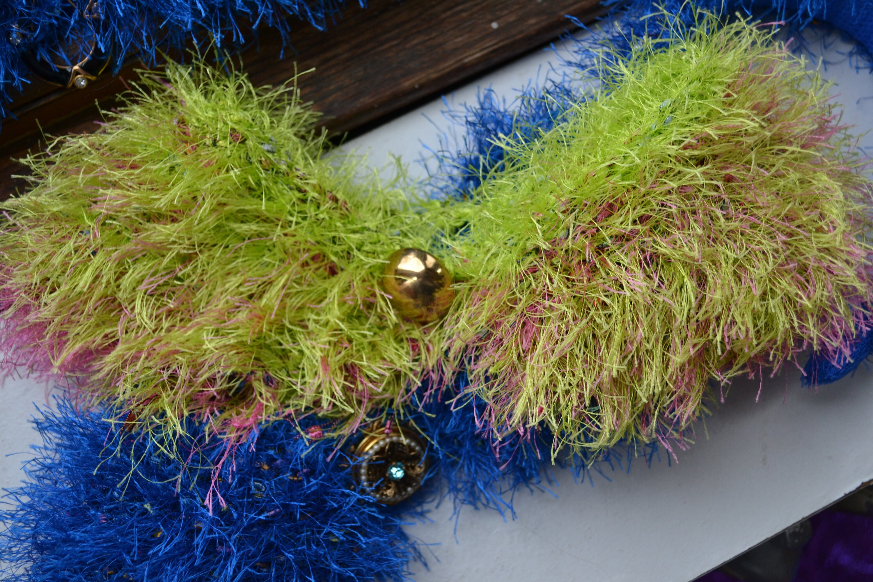 Green and Pink Fuzzy Collar 2000s Hand Knit Eyelash Yarn Upcycled ...