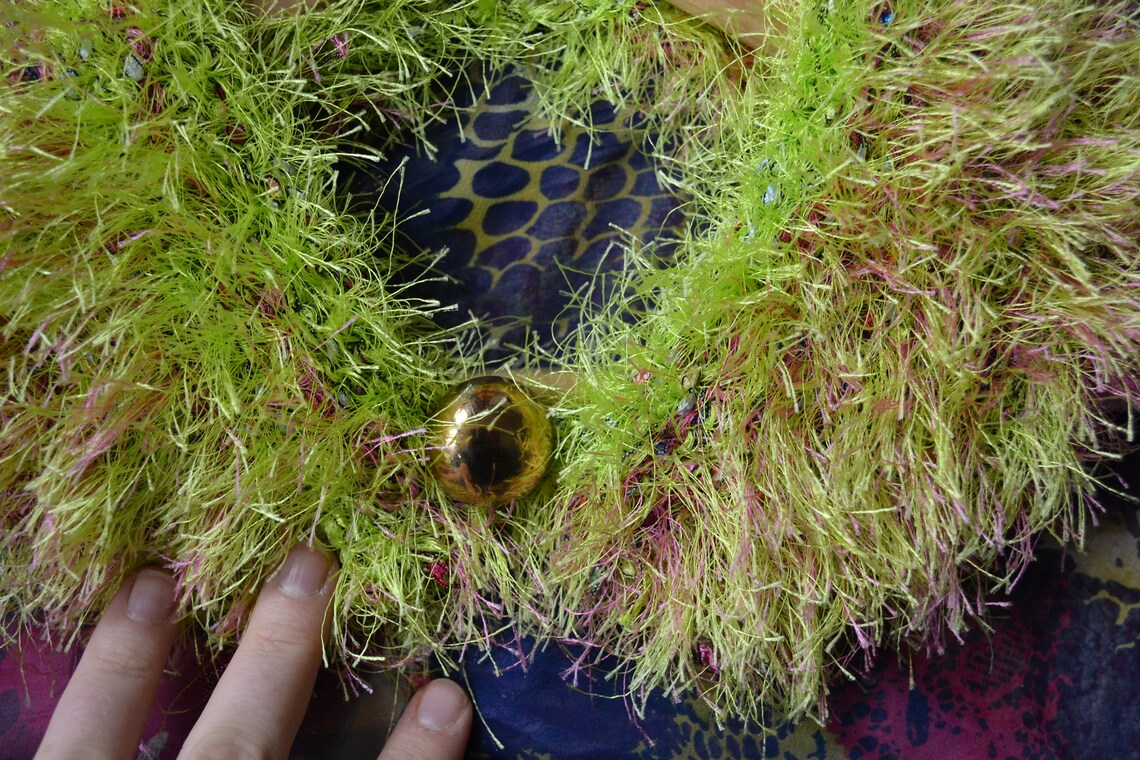 Green and Pink Fuzzy Collar 2000s Hand Knit Eyelash Yarn Upcycled ...