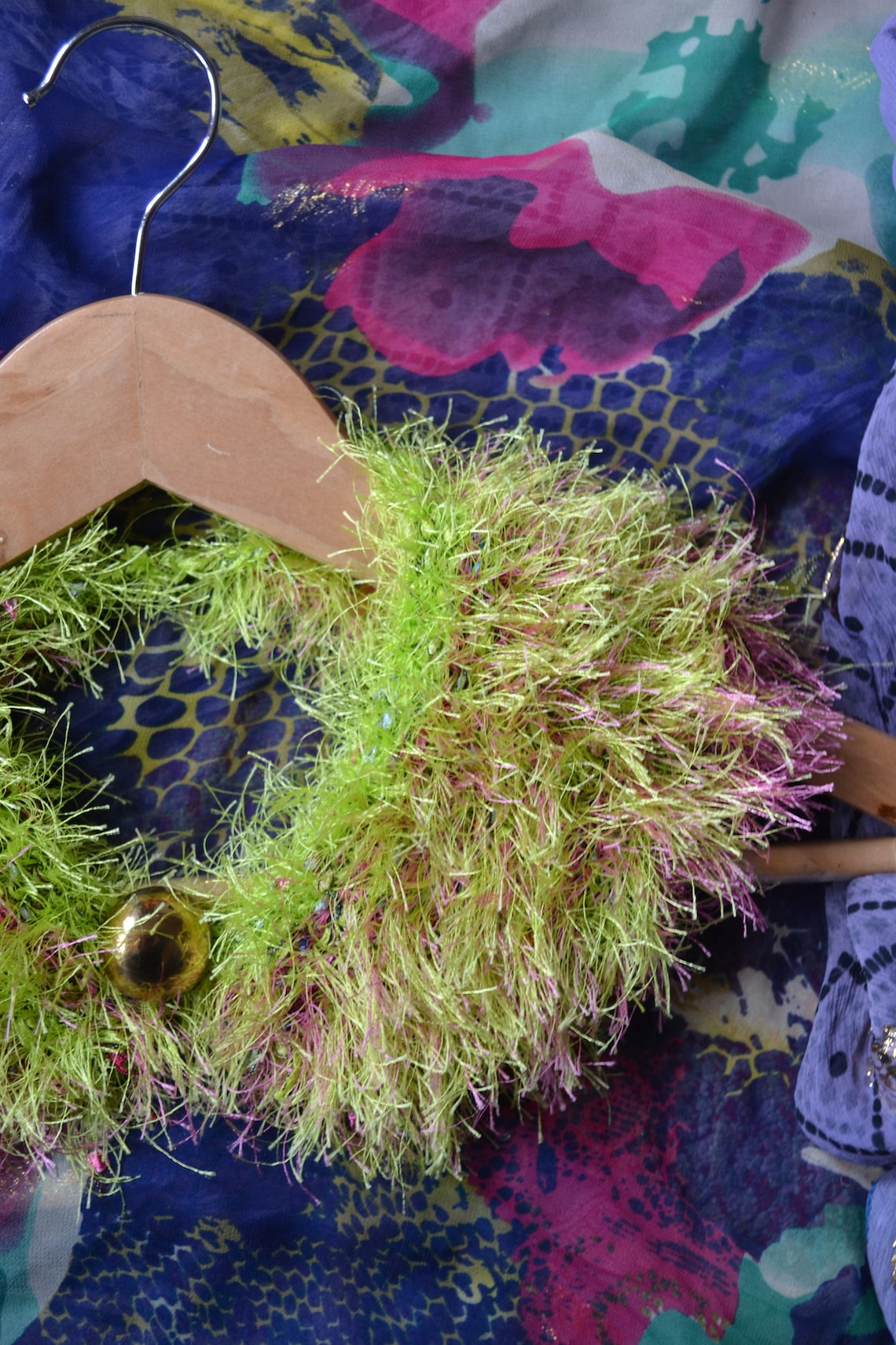 Green and Pink Fuzzy Collar 2000s Hand Knit Eyelash Yarn Upcycled ...