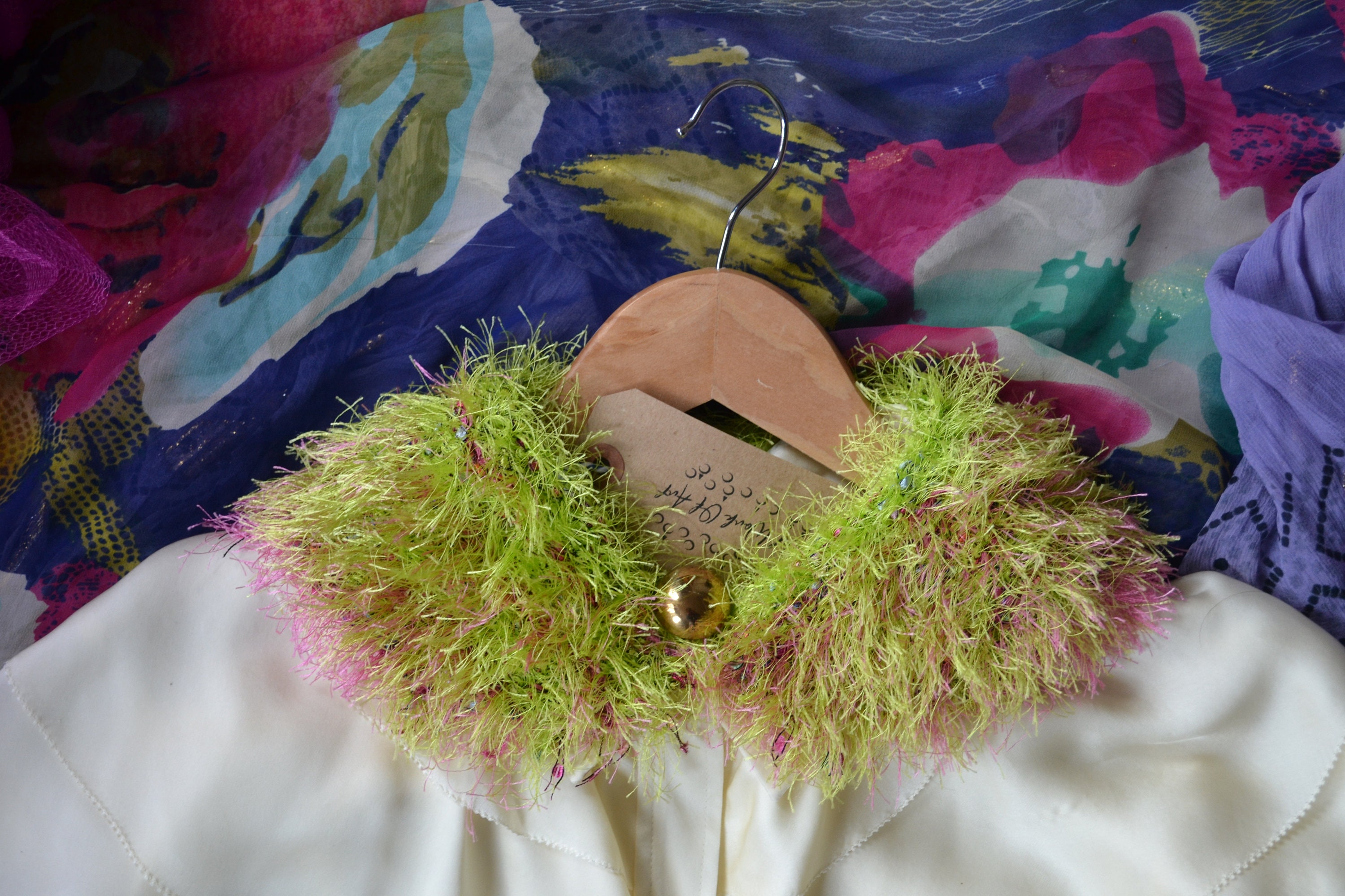 Green and Pink Fuzzy Collar 2000s Hand Knit Eyelash Yarn Upcycled ...