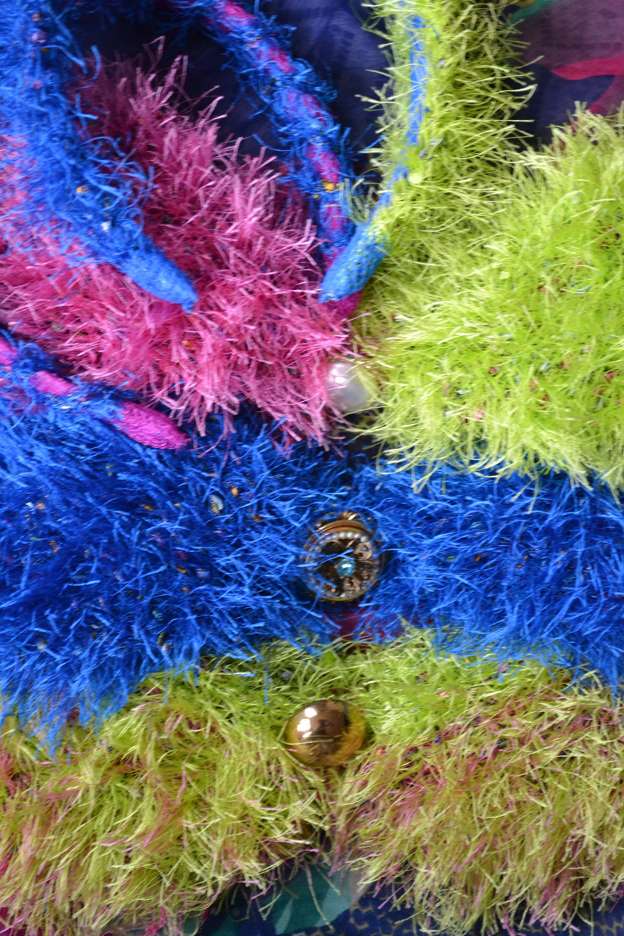 Green and Pink Fuzzy Collar 2000s Hand Knit Eyelash Yarn Upcycled ...