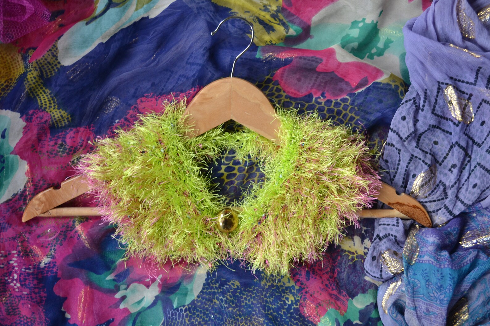 Green and Pink Fuzzy Collar 2000s Hand Knit Eyelash Yarn Upcycled ...