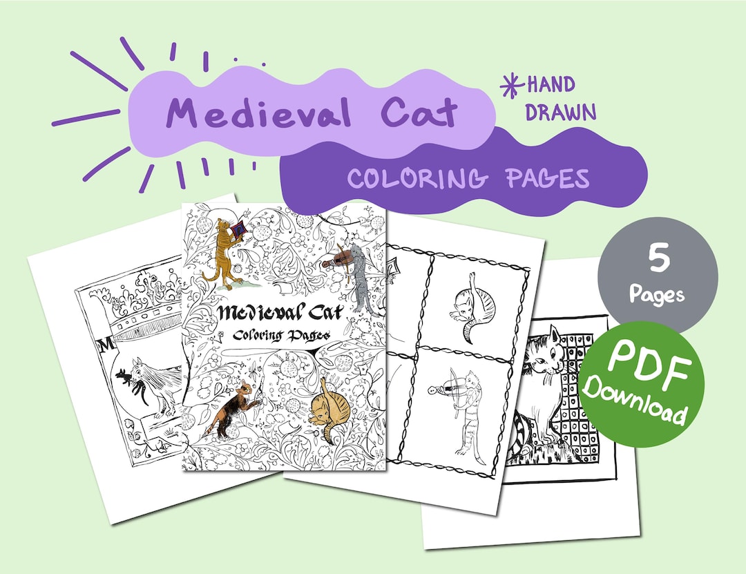Medieval Cat Coloring Pages / Marginalia / Bestiary / for Adults Kids ...