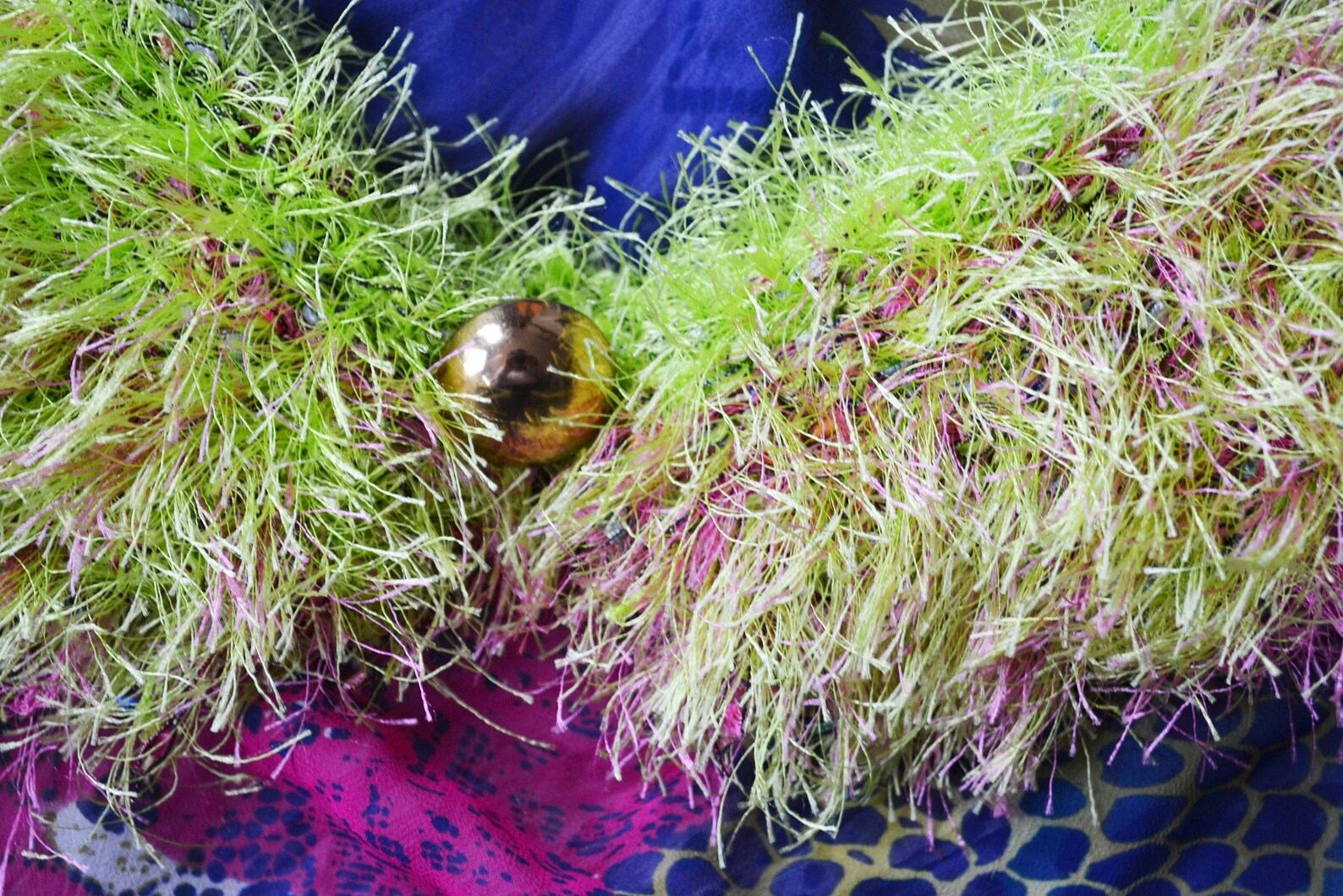 Green and Pink Fuzzy Collar 2000s Hand Knit Eyelash Yarn Upcycled ...