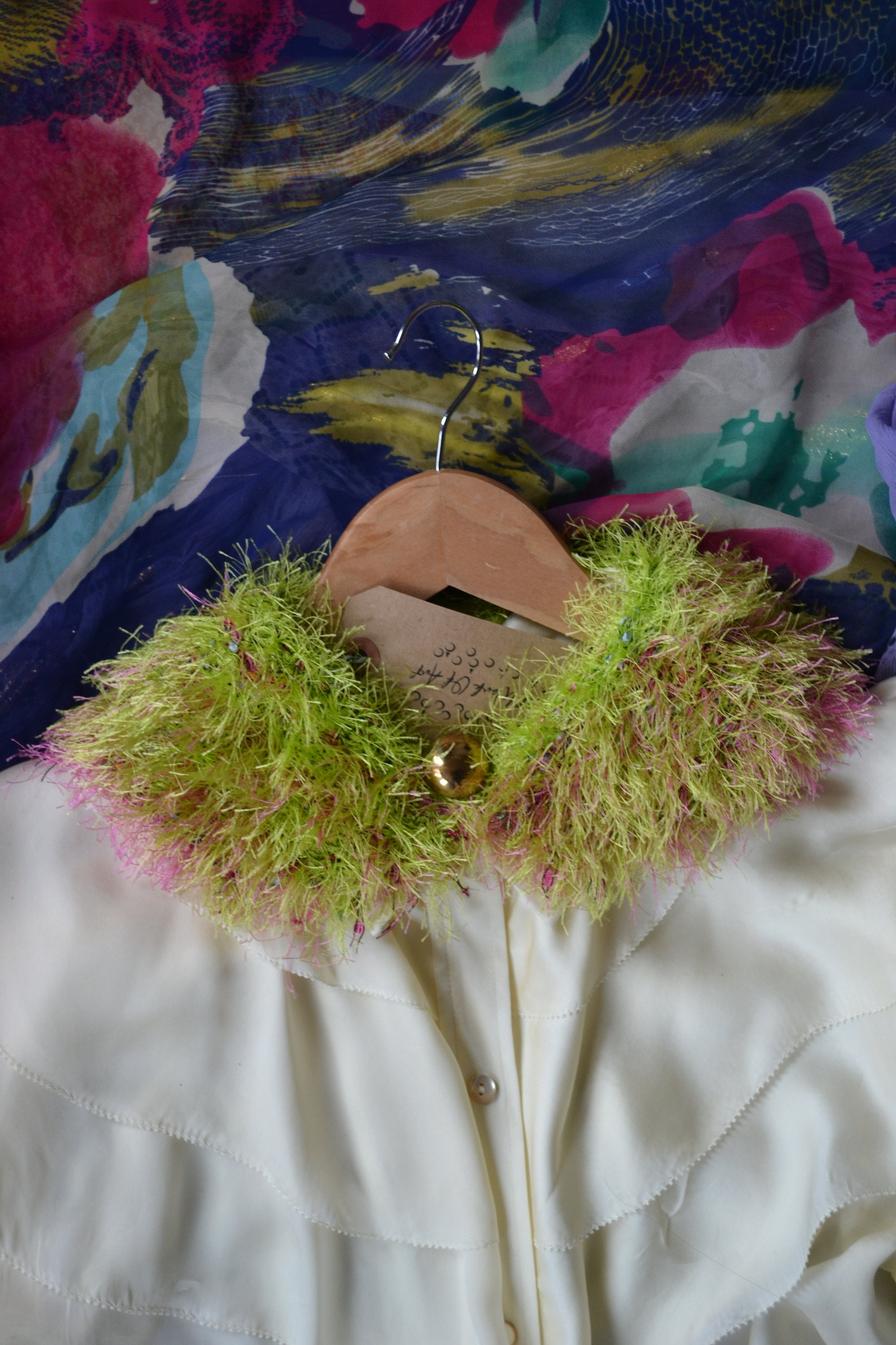 Green and Pink Fuzzy Collar 2000s Hand Knit Eyelash Yarn Upcycled ...