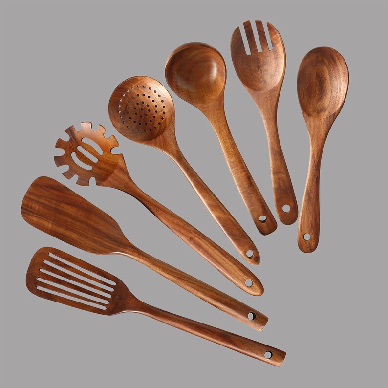 Wooden Utensil Set, 7 Piece Kitchen Utensil Set, Teak Wood Cooking Set ...