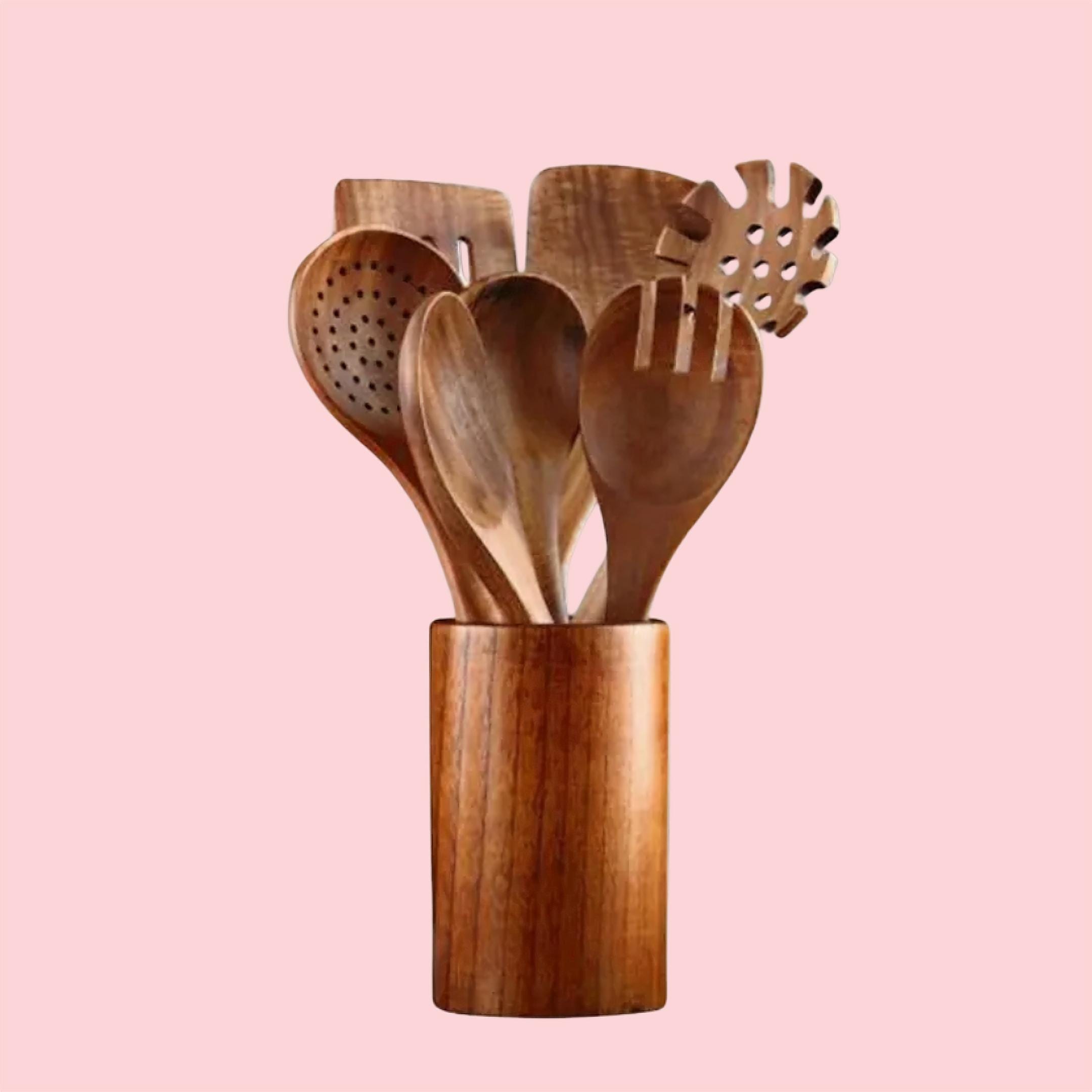 Wooden Utensil Set, 7 Piece Kitchen Utensil Set, Teak Wood Cooking Set ...