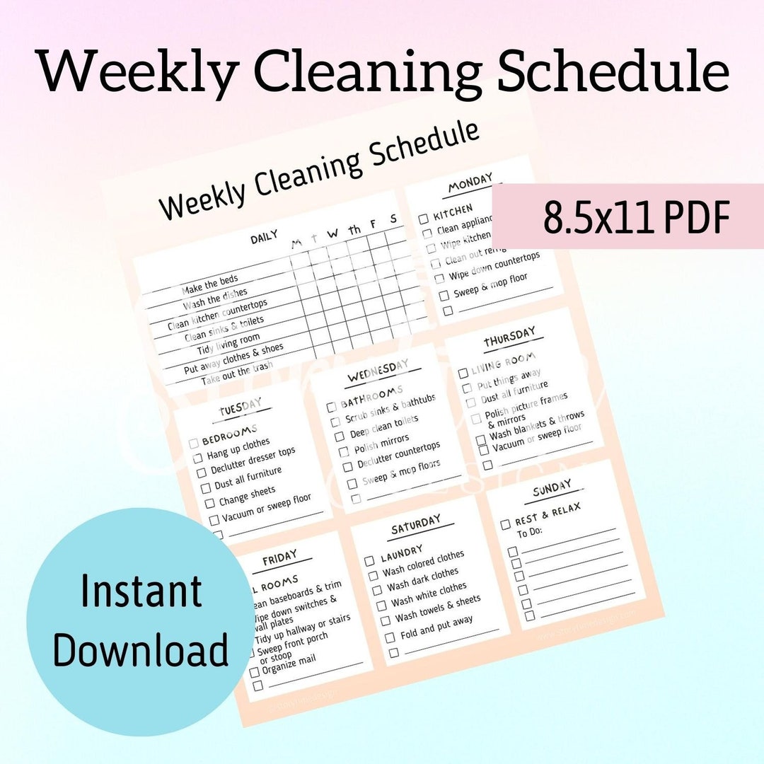 Peach Printable Cleaning Checklist | Weekly Cleaning Schedule | Weekly ...