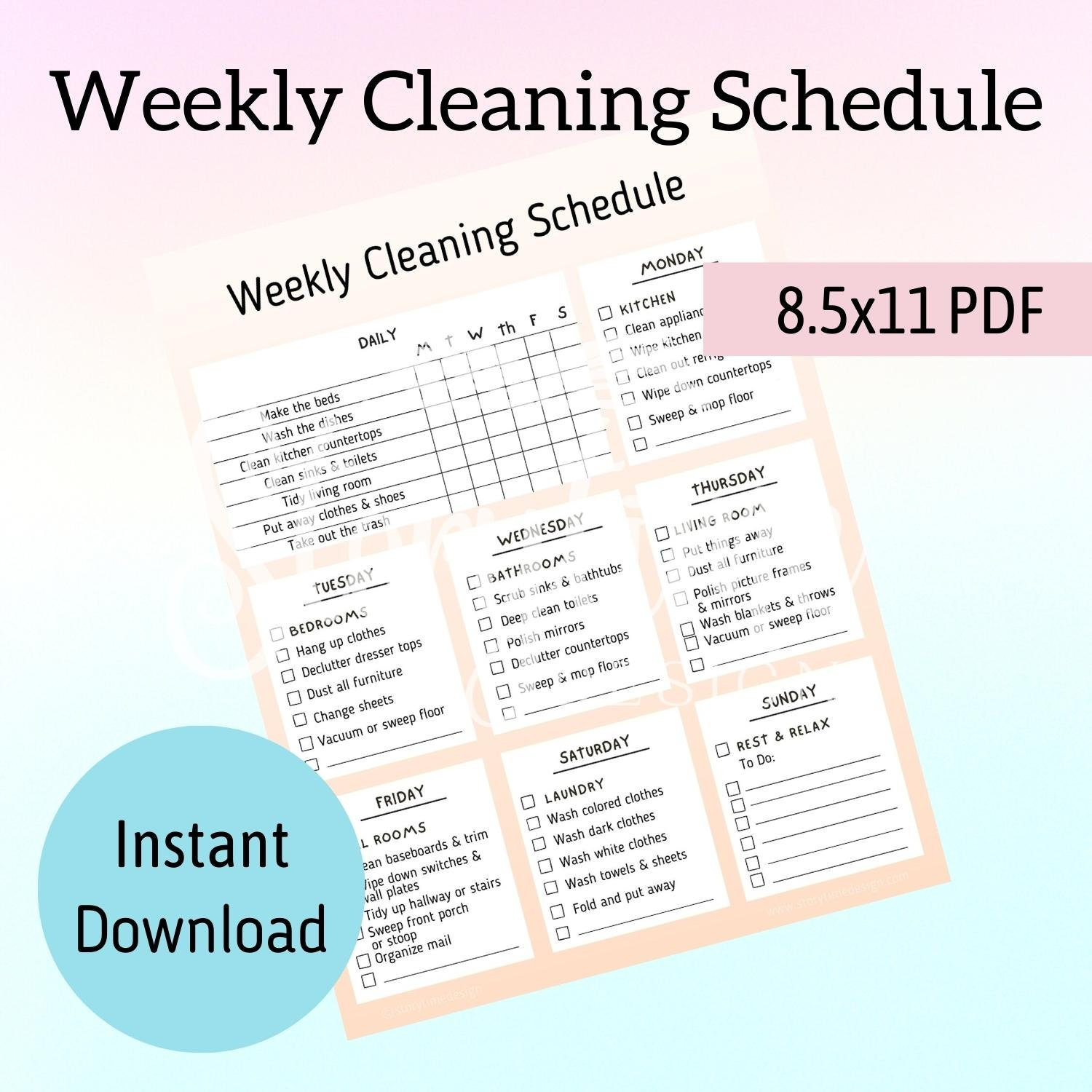 Peach Printable Cleaning Checklist Weekly Cleaning Schedule - Etsy