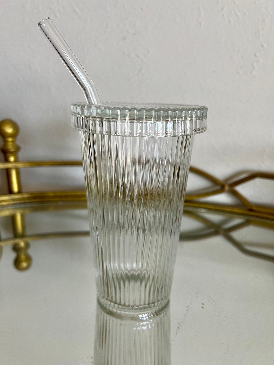 Vertical Striped Water Cup, Glass Lid and Straw Cup Set, Glass Cup ...