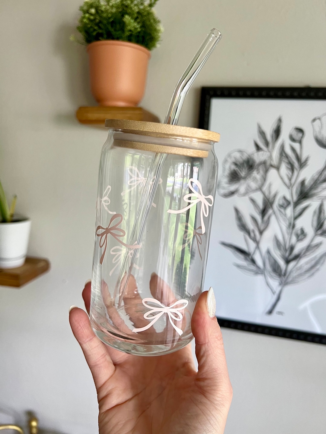 Bow Print Glass Cup With Bamboo Lid and Glass Straw, Mason Jar Glass ...